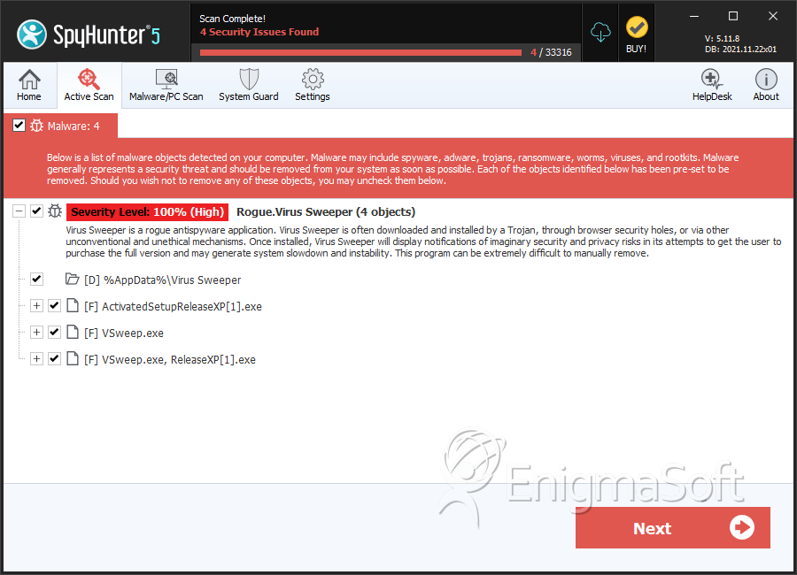 Virus Sweeper Removal Report