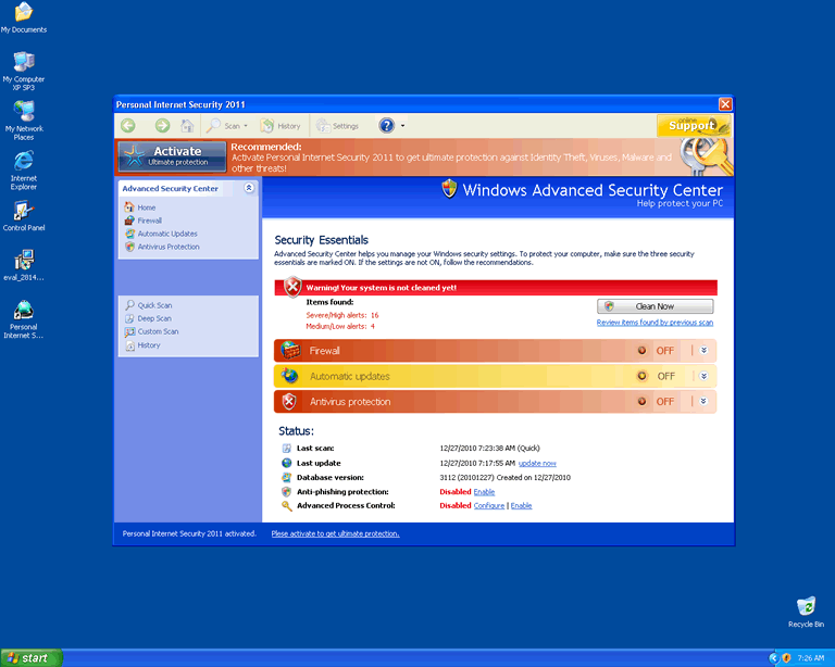 Personal Internet Security 2011 Removal Report