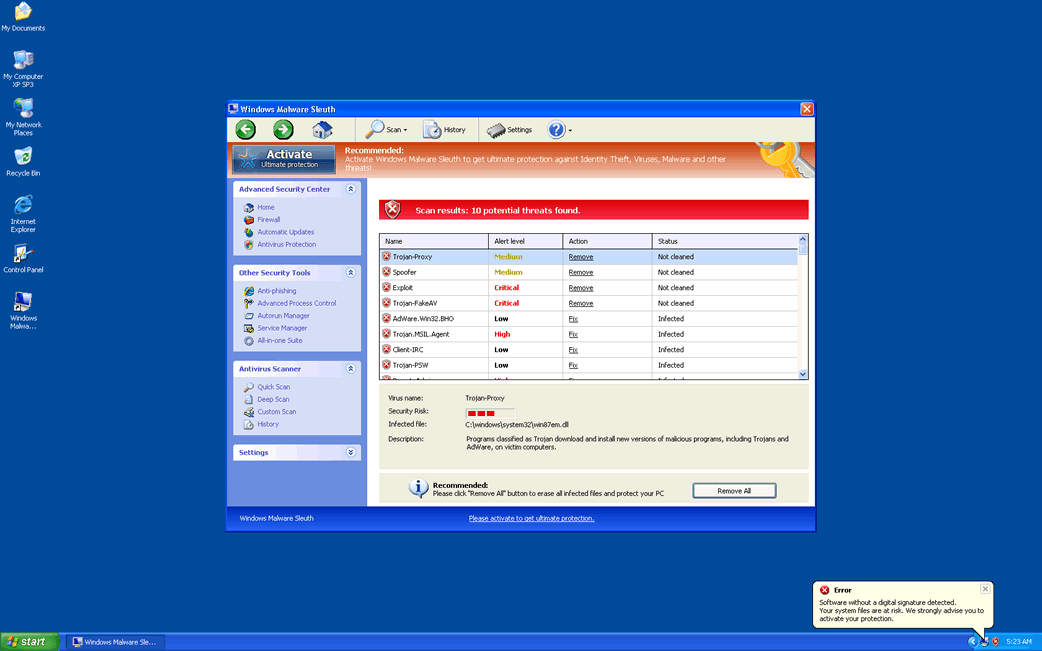 Windows Malware Sleuth Removal Report