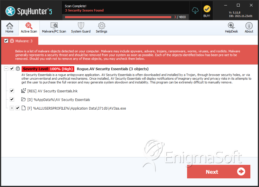 AV Security Essentials Removal Report
