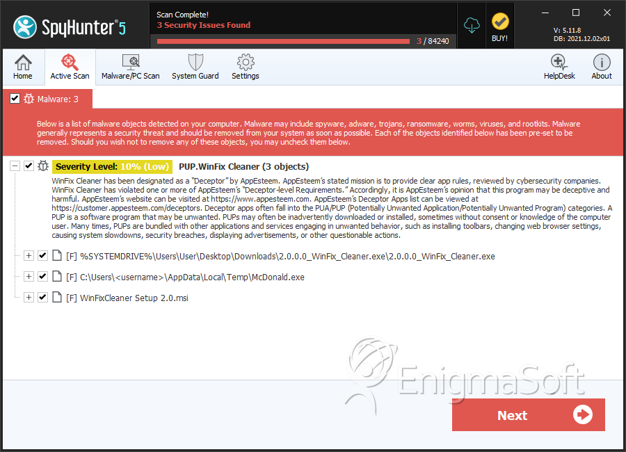 PUP.WinFix Cleaner Removal Report