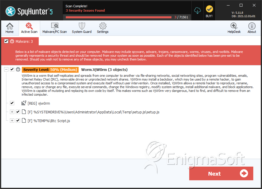 Worm.VjW0rm Removal Report