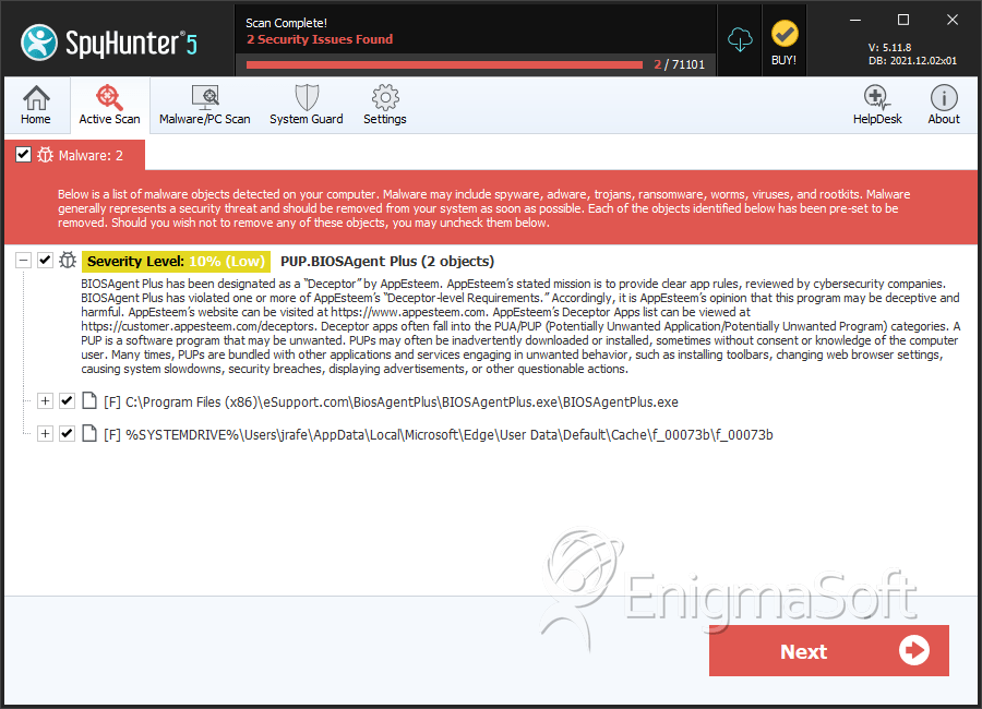 PUP.BIOSAgent Plus Removal Report
